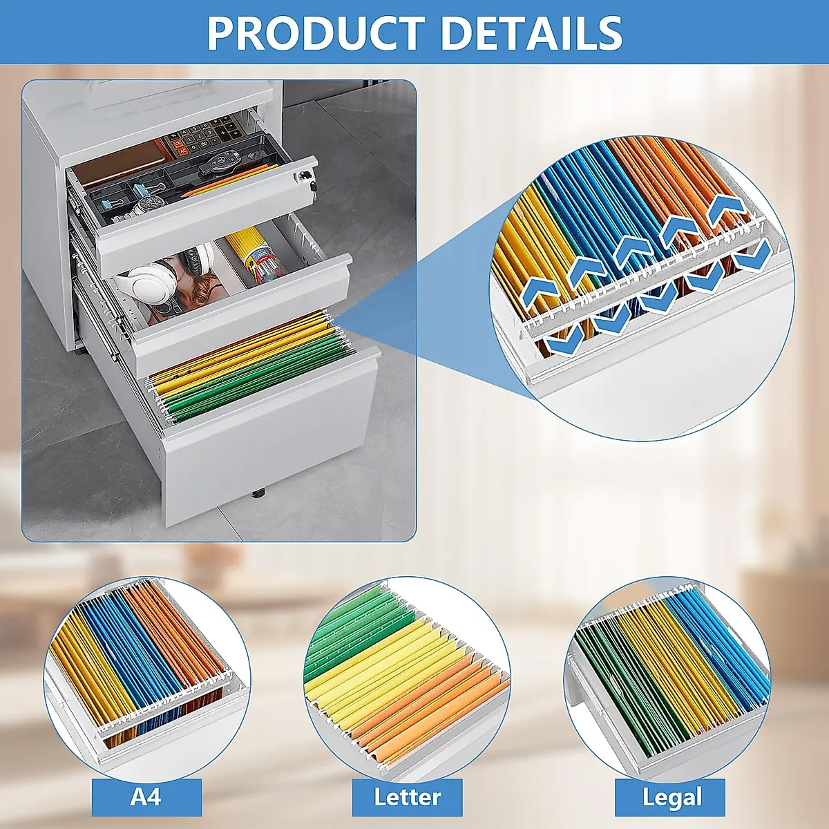 3 Drawer Mobile File Cabinet, Under Desk Metal Filing Cabinet with Lock and Wheels, Filing Cabinets for Home Office, Legal/Letter/A4 File Folders Storage, 15.35"Wx19.68"Dx25.59"H Unassembled(WHITE)