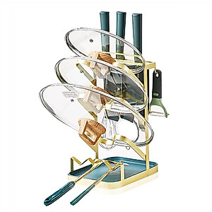 Pot Lid Organizer Rack, Pot Lid Holder for Cabinet and Counter, Kitchen Lid and Spoon Holder with Drip Tray (Gold)
