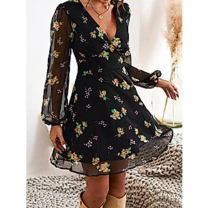 CUPSHE Women's Mini Dress Floral Print Chiffon Flowy Dresses Long Sleeve Dress for Women