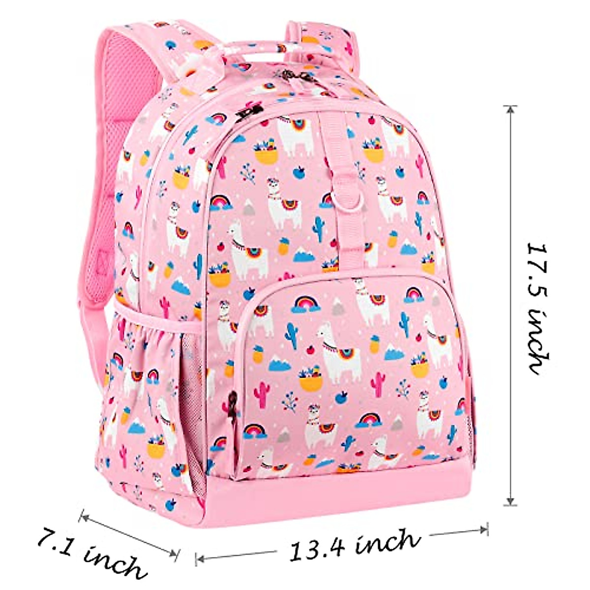 Choco Mocha Llama Backpack Elementary School Backpack for Kids & Girls 17 inch Backpack for 2nd 3rd Grade Llama Bookbag School Bag 6-8 with Chest Strap Pink