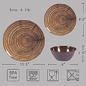 ZLruyao Melamine Dinnerware Set -12 Pcs Unbreakable Wood Dishes Set for 4, Indoor Outdoor Use, Lightweight, Dishwasher Safe, Brown (wood grain)
