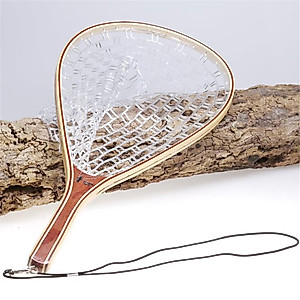 DHLink Wooden Handle Fly Fishing Landing Trout Clear Rubber Net Catch