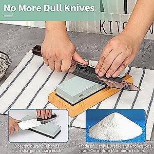knife sharpening Stone kit, sharpening stone 4 Side Grit 400/1000 3000/8000 Waterstone, Includes Leather Strop, Bamboo Base, Flattening Stone, Slip Rubber Bases, and Angle Guide