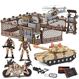 JOYIN Desert Military Base Toy Set Including Military Base, Military Tank, Military Helicopter, Military Motorcycle, Army Men Action Figures and Weapon Gear Accessories for Over 3 Years Old Boys