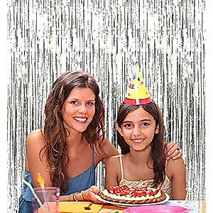 2 Pcs 3.2ft x 8.2ft Shiny Silver Metallic Tinsel Foil Fringe Curtains Photo Booth Backdrop for Birthday Wedding Holiday Celebration Bachelorette Party Decorons (Silver)
