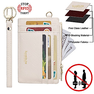 Wikavanli Women Slim Rfid Blocking Credit Card Case Holder Wristlet Zip ID Case Wallet Small Compact Leather Wallet Coin Purse with Keychain (Beige)