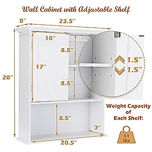GLACER Wall Mounted Storage Cabinet, Bathroom Medicine Cabinet with Adjustable Shelf and Double Doors, Wall Cabinet for Bathroom, Living Room, Kitchen or Entryway, 23.5 x 8 x 28 inches (White)