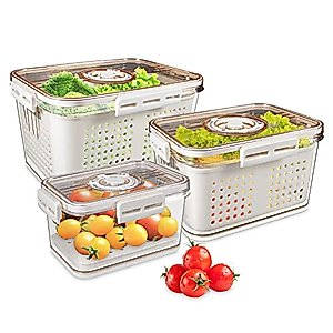 Kqiang 3 Pack Fridge Food Storage Container Set with Lids and Colander Fresh Produce Saver BPA-Free Plastic Vegetable Fruit Meat Storage Organization Bins