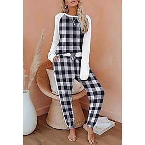 Ekouaer Women's Pajama Set Long Sleeve PJs 2 Piece Outfit Pullover Sleepwear Sweatshirt and Long Pants With Pockets Black White Plaid M