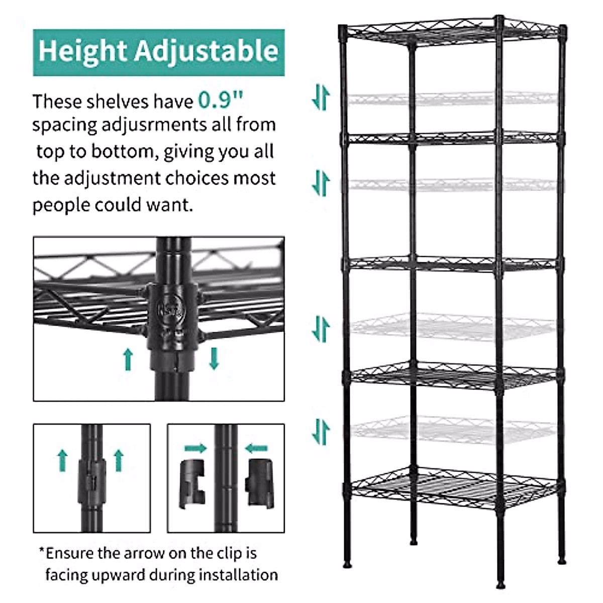 XXkseh 5 Tier Storage Shelves Wire Shelving Unit Adjustable Metal Shelf Heavy Duty Garage Storage Rack Wire Shelves Display Rack for Laundry Livingroom Kitchen, 16.7" L×11.8" W×47.6" H, Black