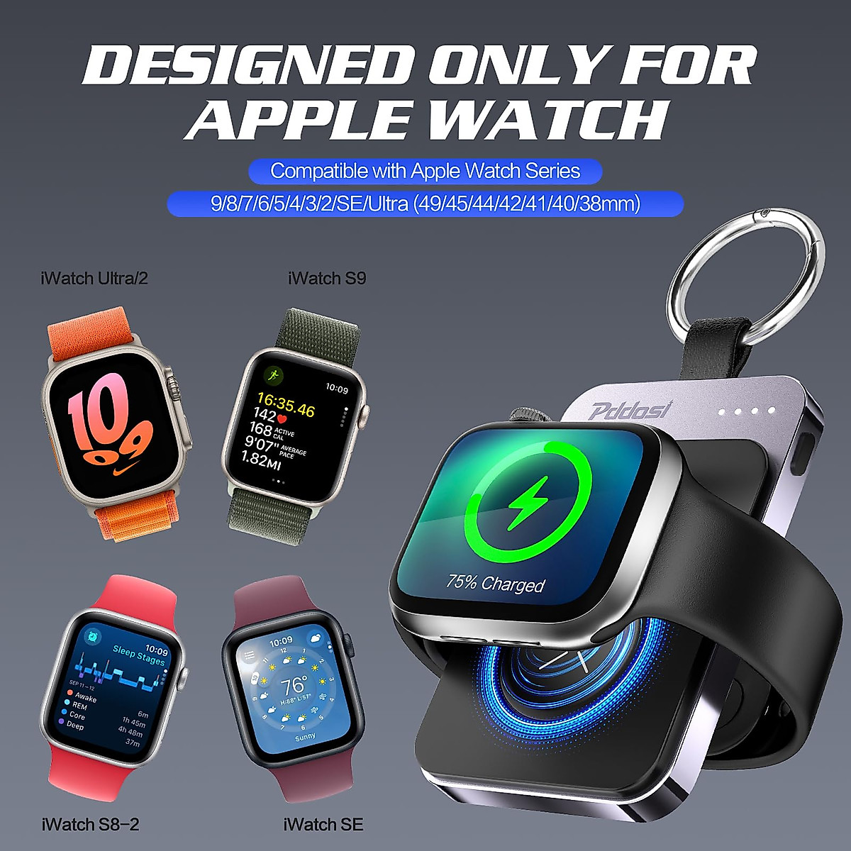 Pddosi Portable Charger for Apple Watch, 1500mAh iWatch Charger Travel, Magnetic Portable Watch Charger Keychain, Portable Wireless Charger for iWatch Series 10/9/8/7/6/5/4/3/2/SE/Ultra (Black)