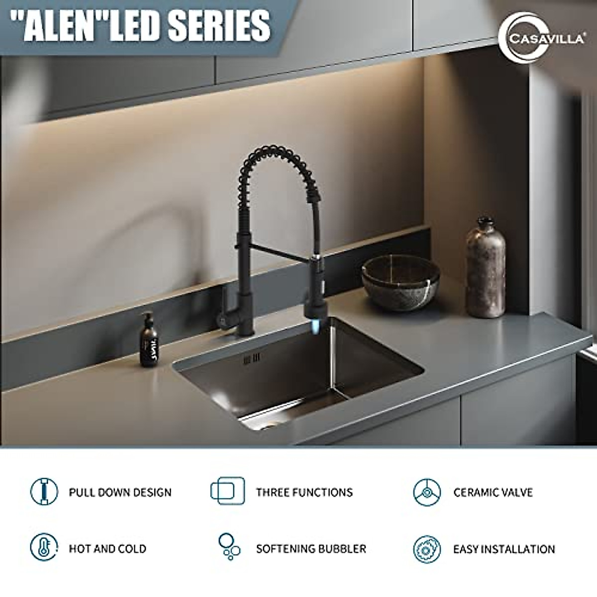 Casavilla Faucet, Black Kitchen Faucet with LED Light, Kitchen Sink Faucets with Pull Down Sprayer, Dual Function Spray Head, Farmhouse Stainless Steel Single Handle Kitchen Faucets