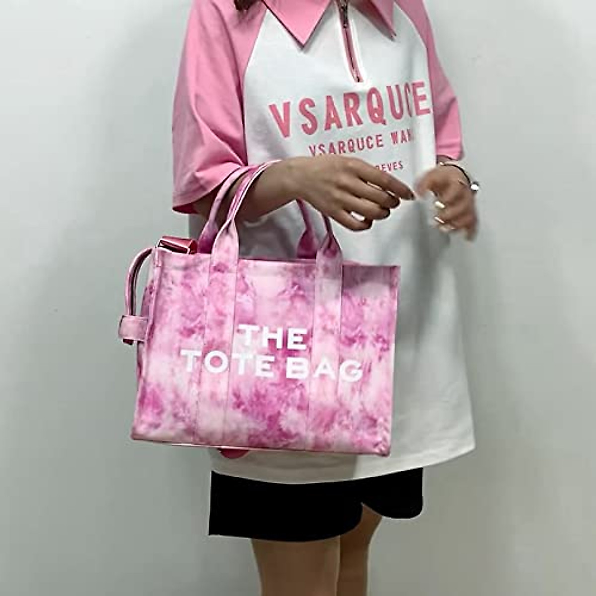 Sunshinejing Women Canvas Tote Bags with Zipper Small Purse Crossbody Bag Top Handle Traveler Handbag (Pink)