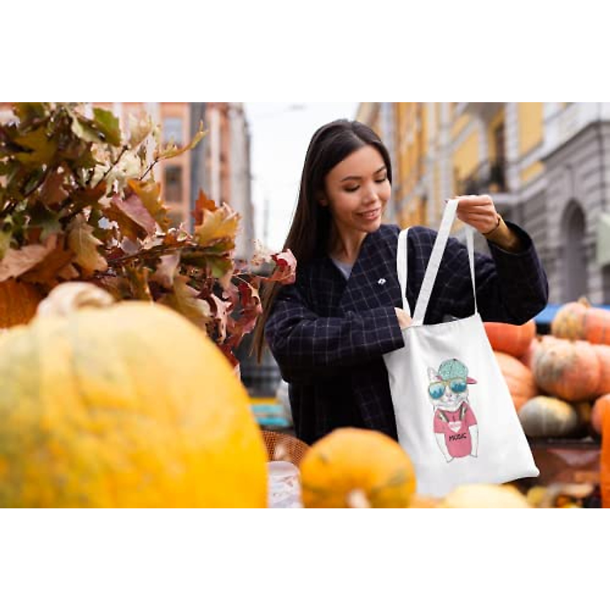 Cute Canvas Tote Bag for Women - Cat Gifts for Cat Lovers - Book Tote Bag - Cat Tote Bag with Music Theme - Reusable Shopping Bags for Grocery Utility Teacher (Music Cat)