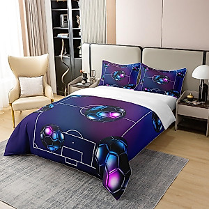 Feelyou Football Duvet Cover 100% Cotton Twin Size Rugby Sports Reversible Bedding Set for Ultra Soft Soccer Ball Game Comforter Cover Set Blue Purple Bedspread Cover Room Decor Bedclothes Zipper