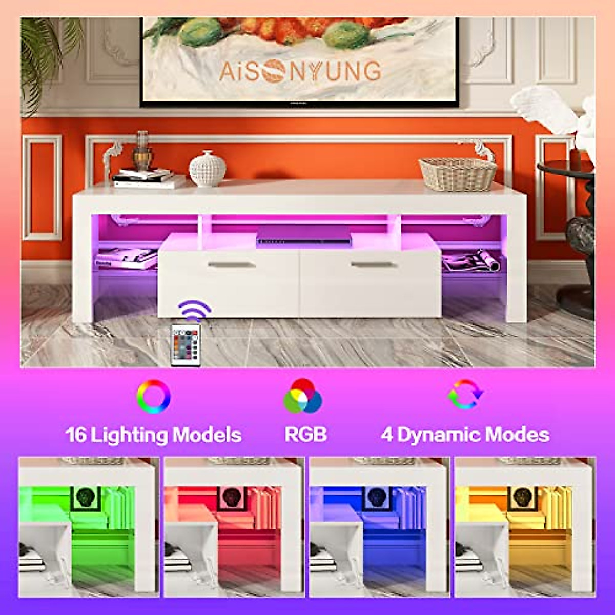 AiSONYUNG White LED 63inch TV Stand for 55 60 65 70 75 Inch TV, High Glossy Modern Entertainment Center, Large Wood TV Stand Gaming Media Cabinet with Large Storage for Bedroom Living Room and Office