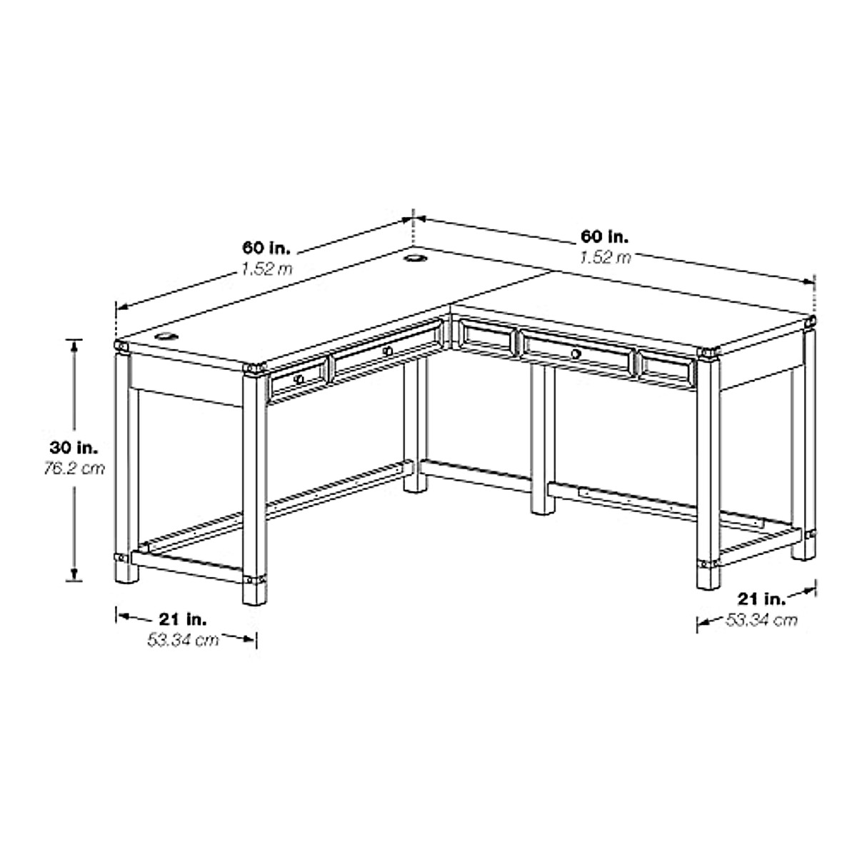 OSP Home Furnishings Baton Rouge Rustic L-Shape Office Desk with Power Port Drawer, Champagne Oak Finish