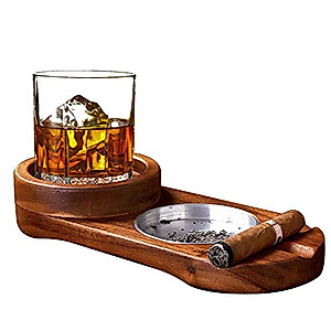 Cigar Ashtray Coaster Whiskey Glass Tray and Cigar Holder, Wooden Ash Tray, Slot to Hold Cigar, Cigar Rest, Cigar Accessories Set Gift for Men Dad, Great Decor for Home,Office or Bar