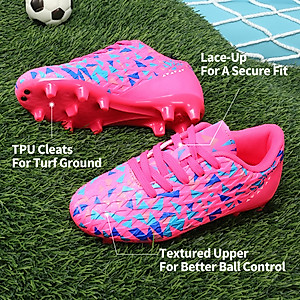 DREAM PAIRS Boys Girls Soccer Cleats Youth Firm Groud Athletic Outdoor Trainning Football Shoes for Little/Big Kid,Size 13 Little Kid,Fuchsia/Pink/Royal/Blue,HZ19003K