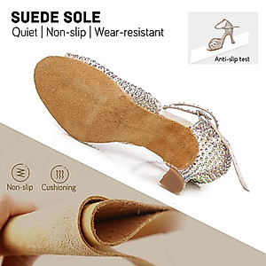 JUODVMP Women's Latin Dance Shoes Rhinestones Satin Ballroom Dance Shoes Salsa Professional Dance Shoes,Model 430,3 inch Heel,Nude,7 US