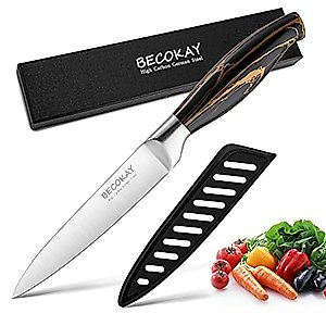 BECOKAY Kitchen Utility Knife - 5 inch Petty Knife with Sheath - Sharp High Carbon German Stainless Steel Cutting Engraving Knife - Suitable for Meat, Fruit Peeling Knife - Ergonomic Handle Design