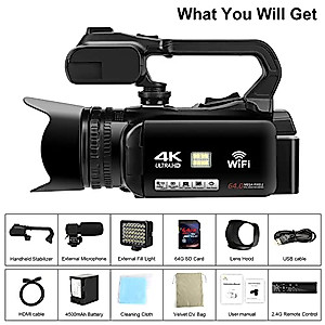 Camcorder Video Camera 4K, Video Camera Auto Focus Vlogging Camera for YouTube 64MP 60FPS WiFi Webcam 4" Touch Screen 18X Digital Zoom with Lens Hood, Stabilizer, Microphone, 64G SD Card, Fill Light
