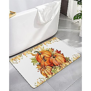 Autumn Pumpkins Bath Mat for Tub,Non Slip Bathroom Floor Runner Rug Quick Dry & Absorbent Diatomaceous Earth Kitchen Room Shower Sink Washable Doormat,Thanksgiving Eucalyptus Maple Leaves 18"x30"