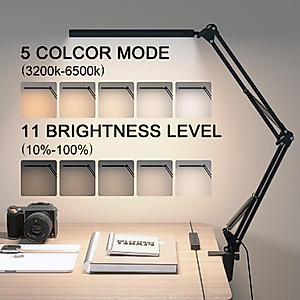 TROPICALTREE LED Desk Lamp, Swing arm Desk Light with clamp, 3 Lighting 10 Brightness Eye-Caring Modes, Reading Desk Lamps for Home Office 360 Degree Spin with USB Adapter & Memory Function black-14W