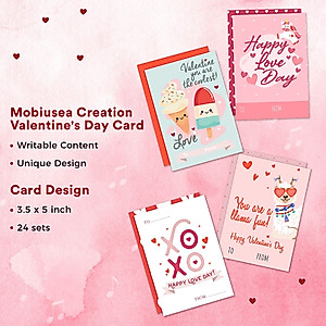 Mobiusea Creation Valentines Cards for Kids | 24 Cards with Envelopes | 3.5 x 5 | Funny and Cute | Llama, Ice Cream, Unicorn, XO for Valentines Day Cards, Kids School Valentines and Valentines Day