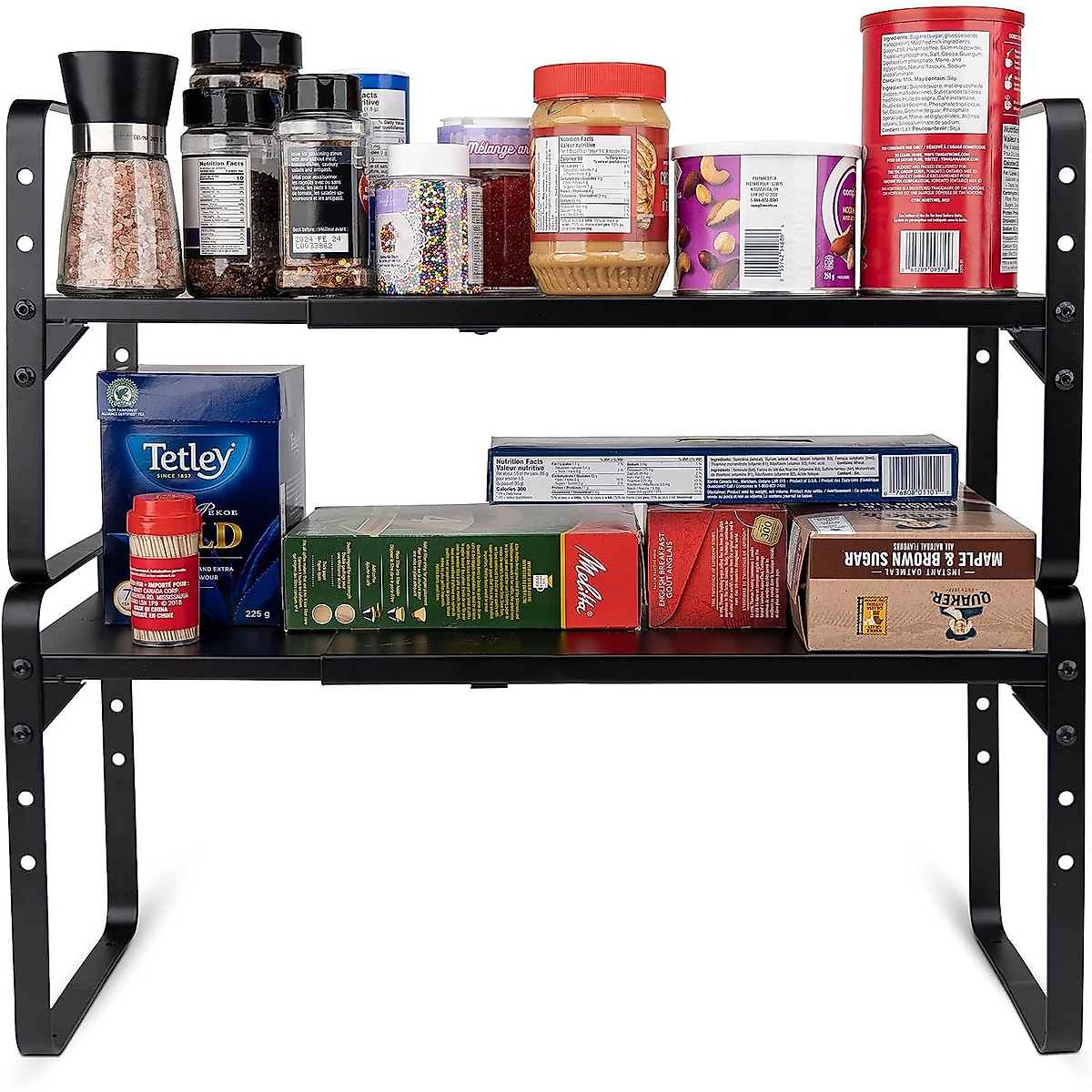 Expandable Kitchen Cabinet Shelf Organizers - Adjustable Height & Width Shelf Riser - Stackable Shelves - Pantry Shelf Organizer Rack - Cupboard Cabinet Storage Shelf Rack - Countertop Organizer