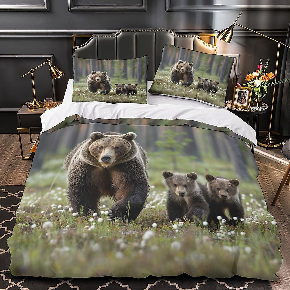 Brown Bear And Two Cubs Comforter Covers 3D Printed Walking in The Taiga Duvet Cover Quilt Cover for Boys Girls with Zipper Closure Soft Microfiber Bedding Set with Pillow Cases 3 Pieces Twin（173x218c
