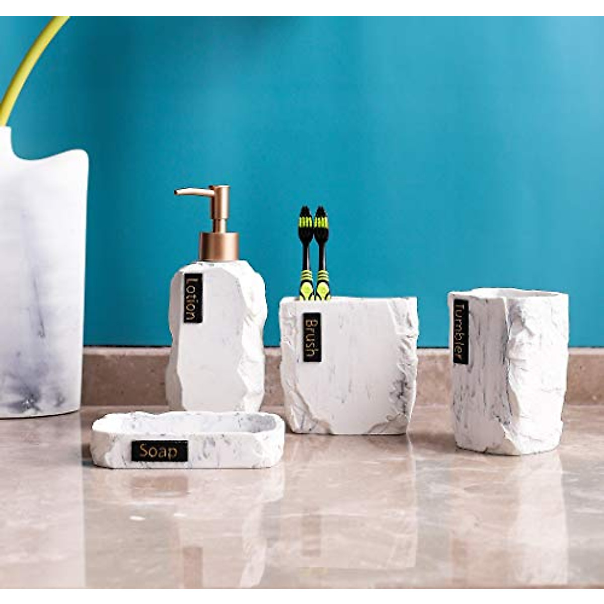 Hymmah Bathroom Accessories Set,Marble Design Toothbrush Holder,Farmhouse Bathroom Decor,4 Pcs Resin Gift Set Apartment Necessities, Contain Toothbrush Cup,Soap Dispenser,Soap Dish,Tumbler