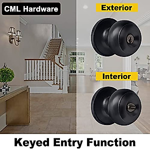 CML Hardware Matte Black Keyed Entry Door Knob for Entrance, Exterior and Interior Use, Round Ball Handle, Stainless Steel