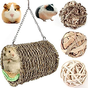 Small Animals Activity Toys, Hamster Play Balls Rolling Chew Toys Pet Nest&Hammock, Gnawing Treats for Guinea Pigs/ Chinchilla/Hamster, Little Pet Natural Grass Balls and Toys