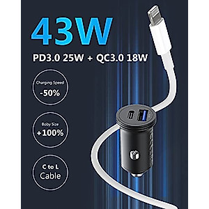 Car Charger for iPhone 13, 43W Fast USB C Car Charger Adapter Dual Port, 25W USB-C & 18W USB iPhone Car Charger Aluminum Alloy with Lightning Cable for iPhone 13/12 Pro Max/11 Pro/XS/XR/8 and More