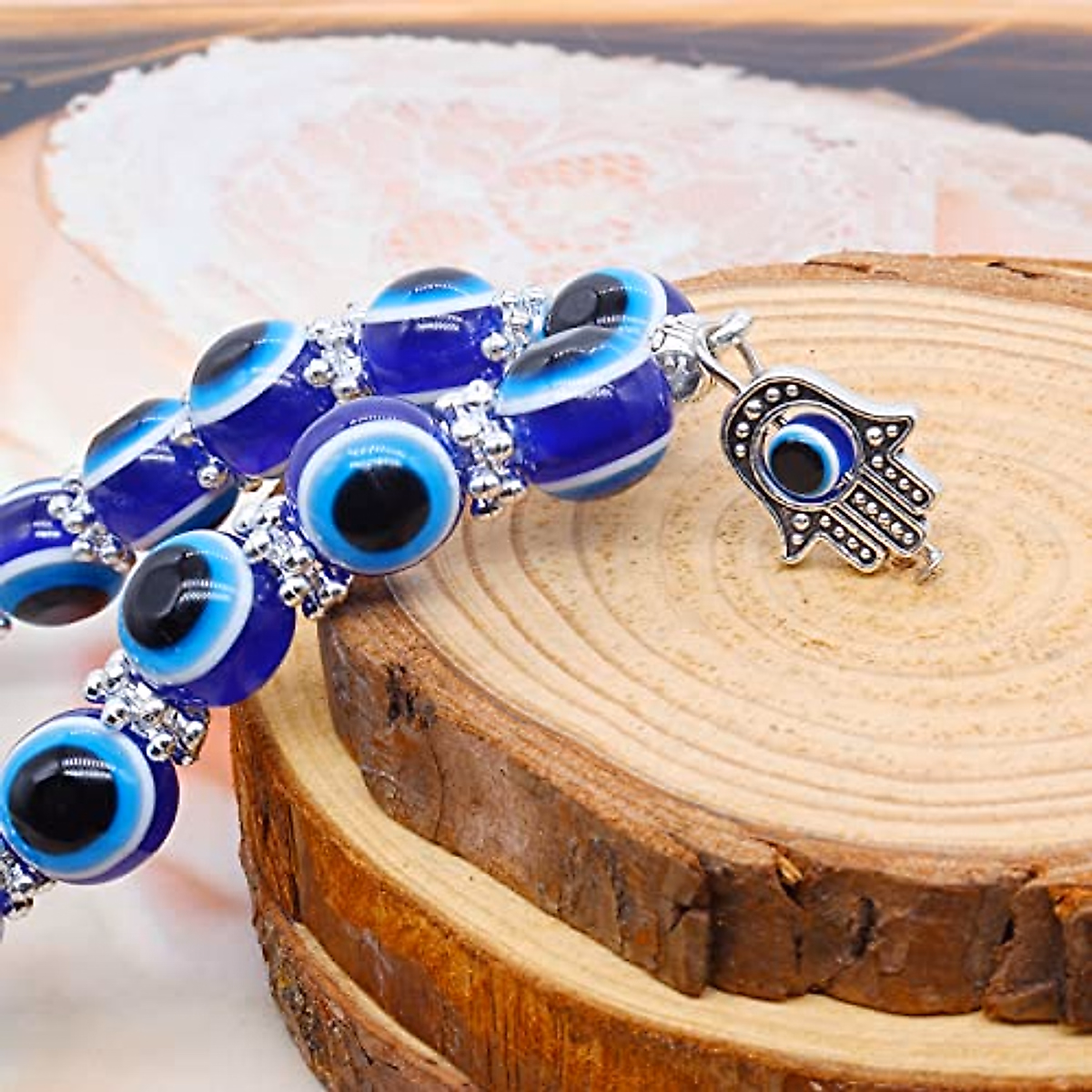 CJIAYUJEW 3pcs Evil Eye Bracelet Chakra Crystal Bracelets Set,Evil Eye Hamsa Blue Beaded Charm Stretch Bracelet for Protection and Blessing (Blue, Zinc Alloy)