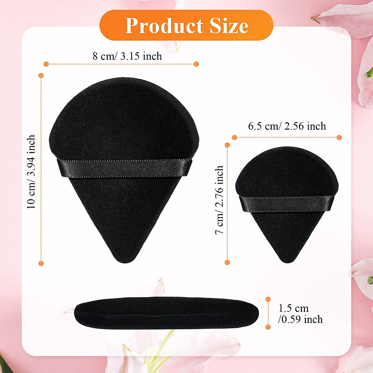 16 Pcs 2 Size Powder Puff Soft Triangle Makeup Puff Cosmetic Foundation Shape Velour Body Face Powder Puff with Strap Makeup Sponges Puff for Contouring Loose Powder Eye Corner (Black)