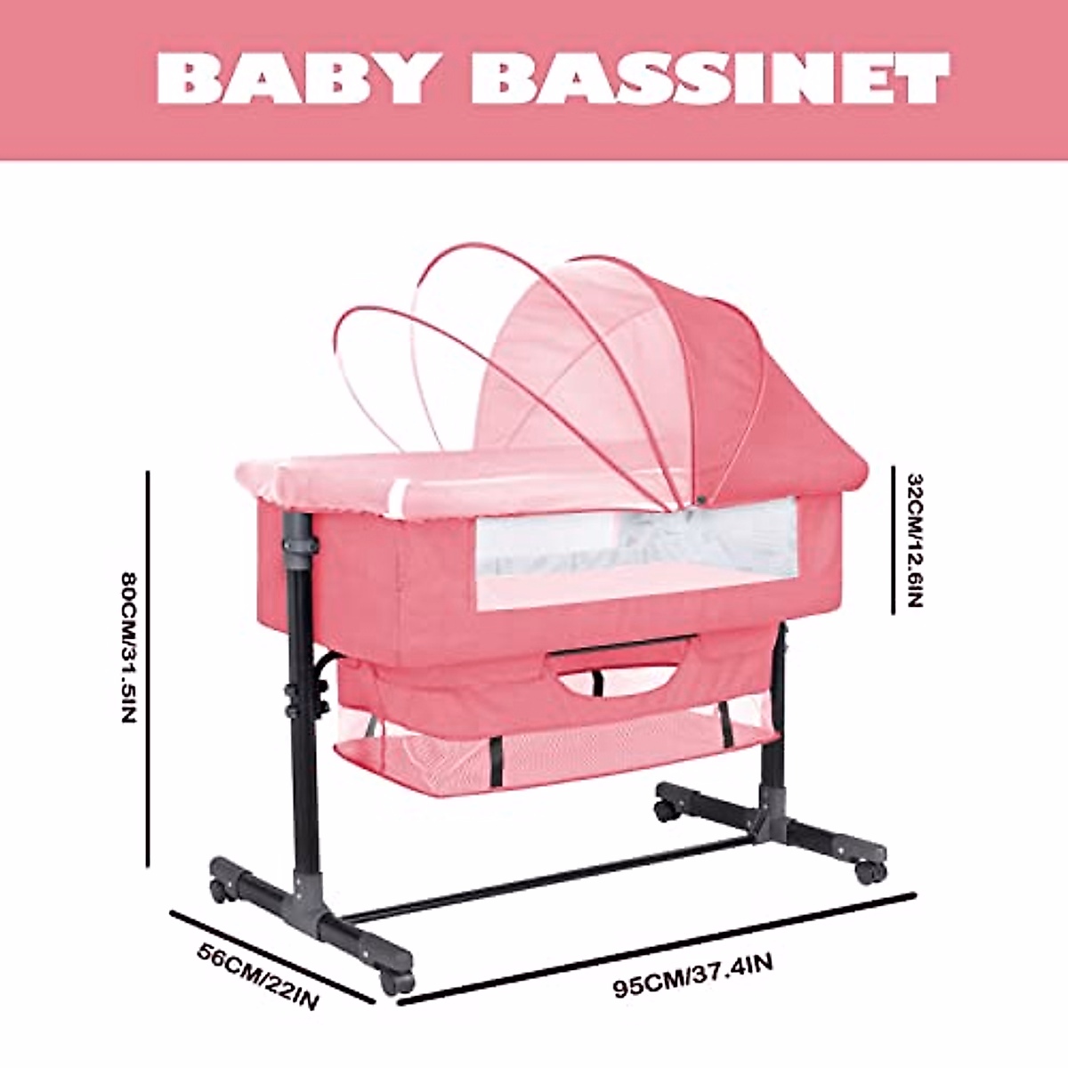 RICUTON Bassinet Bedside Sleeper, 3 in 1 Bedside Bassinet for Baby with Mosquito Nets and Wheels, Large Storage Bag, Heigt Adjustable, Easy Assemble