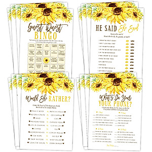 Your Main Event Prints Sunflower Bridal Shower Bachelorette Games - He Said She Said, Find The Guest Quest, Would She Rather, Phone Game - 25 Games Each, Printed Front and Back, 1 Game Per Side