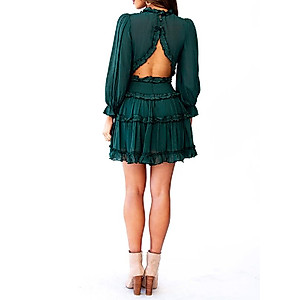 Dokotoo Womens Cute Summer Spring Casual Sexy Deep V Neck Ruffle Chiffon Lantern Long Sleeve Elegant Boho Hawaiian Flowy Mini Short Skirt Dresses for Women Party Party 2024 Green Small