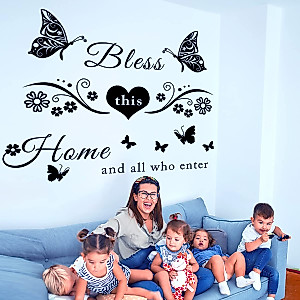 Vinyl Wall Stickers Quotes Wall Art Decal Sticker Bless This Home and All Who Enter Wall Decals Flowers Butterfly Wall Decor Sticker for Entryway Living Room Home Decor.