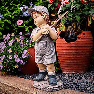 Floryden Solar Boy Statue, Garden Boy Statues with Solar Powered LED Light for Garden, Patio, Lawn, Yard, Housewarming, Thanksgiving, Arbor Day, Hand-Painted Sculpted Figure, 17.5”H Resin