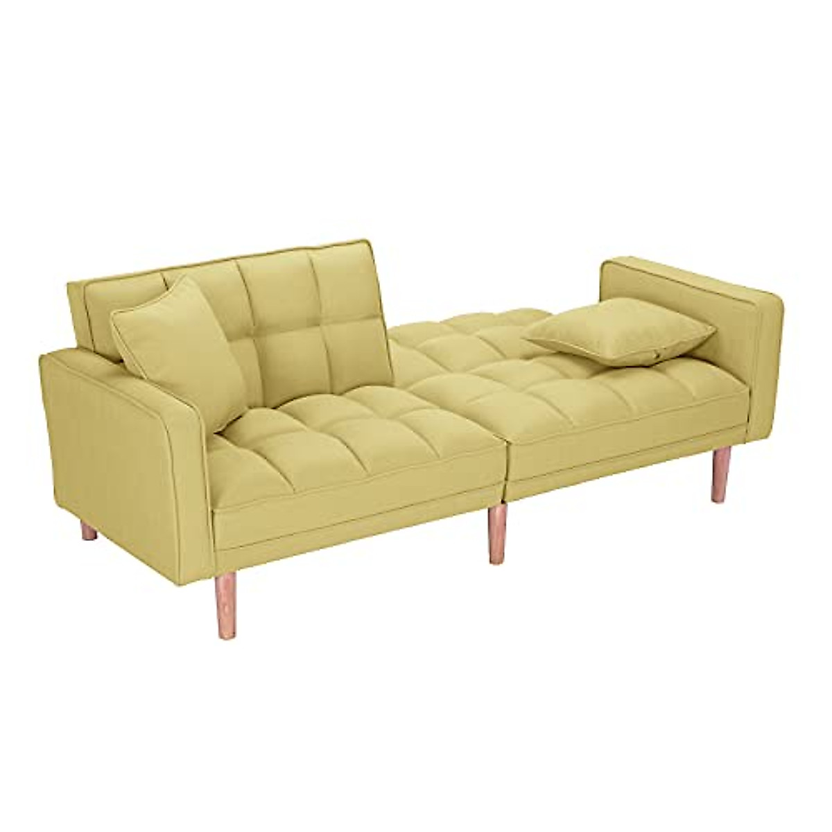 KoiHome Futon Sleeper Sofa Adjustable Back and Two Pillows, Modern Chaise with Conical Solid Wood Legs, Contemporary Home Furniture for Living, Bedroom,Office,Waiting Room, Polyester, Yellow