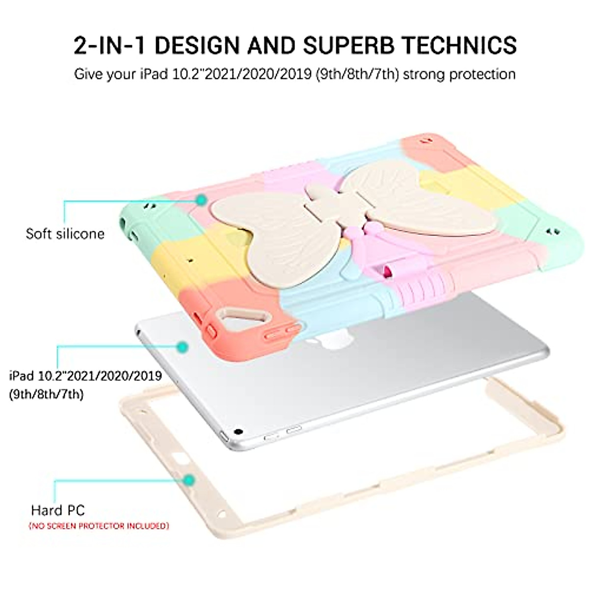 iPad 10.2 Case, iPad 9th Generation Case, GaoBao iPad 8th Generation Case with Butterfly Wings Kickstand Pencil Holder Protective Kids Friendly Silicone Case for iPad 9th/8th/7th Gen (2021/2020/2019)