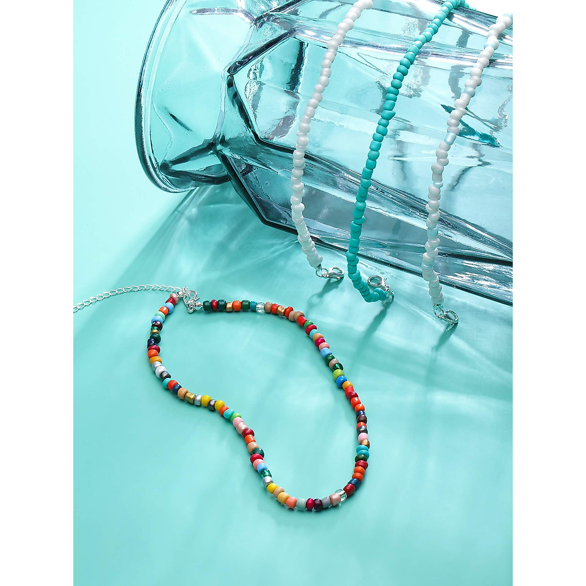 Hicarer Women Bead Choker Necklace Colorful Bohemian Seed Bead Chain Women Boho Hawaiian Tiny White Turquoise Layered Collar