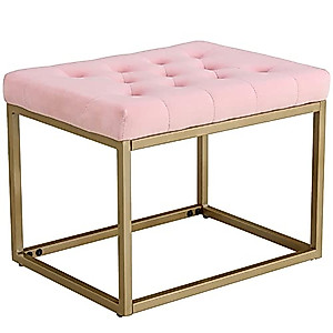 AWQM Vanity Stool,Pink Velvet Ottoman Bench,Vanity Bench with Gold Legs,Upholstered Rectangle Velvet Foot Stool Chair,Comfy Vanity Chair, End of Bed Bedroom,Makeup Chair for Living Room Entryway