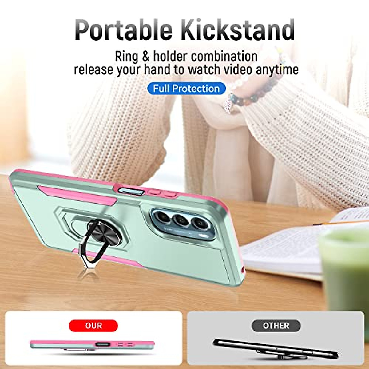 KSELF Moto G Stylus 5G 2022 Case: Shockproof Military-Grade, Ring Kickstand, Tempered Glass Protector (Green & Pink)