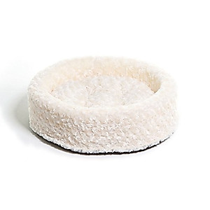 Furhaven Pet Bed for Cats and Small Dogs - Ultra Plush Curly Fur Mini Oval Cuddler Cat Bed with Removable Washable Cover and Pillow Cushion, Cream, 18-inch Round