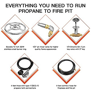 EXCELFU LP Propane Gas Fire Pit Stainless Steel Burner Ring Installation Kit, 12 inch