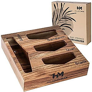 HilarityMax Ziplock Storage Bag Organizer , Premium Acacia Food Bag Organizer for Snack, Sandwich, Quart, and Gallon Size bags, Kitchen Drawer or Wall-Mounted Boxes, 12x12x3 inch